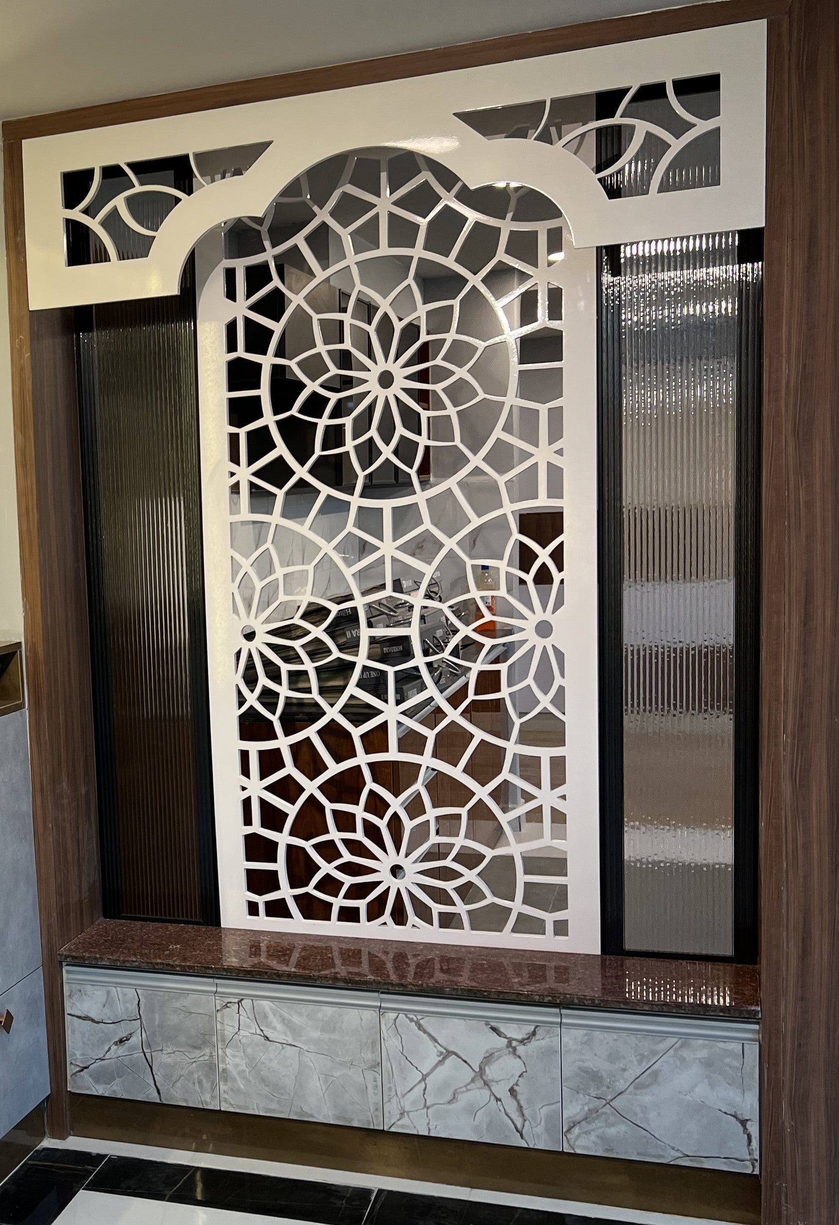 Sacred Pooja Unit: Combining CNC Craftsmanship and Elegant Glass Panel